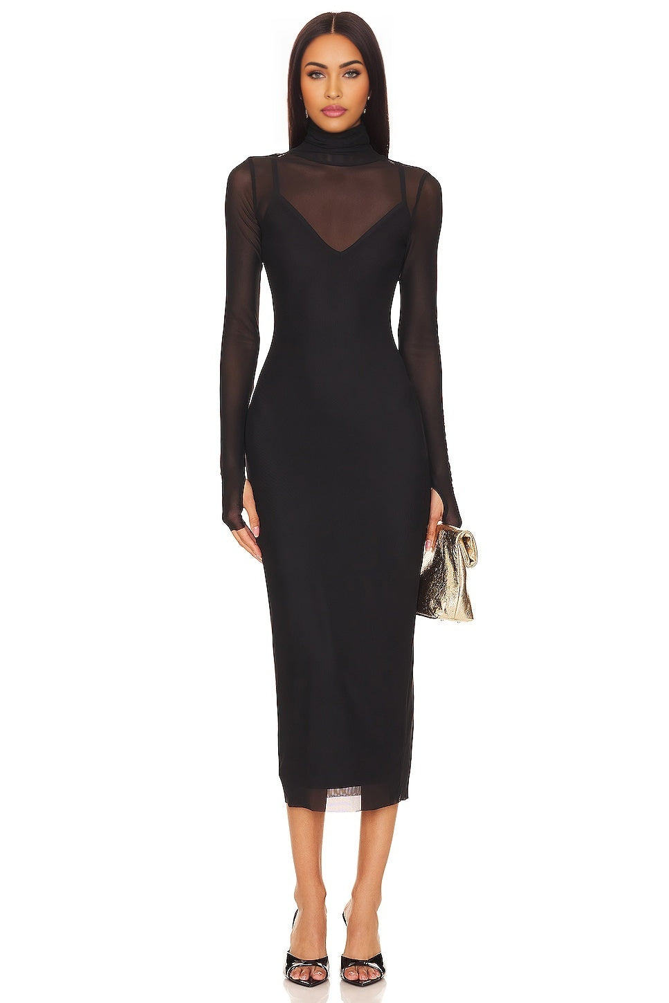 Letizia Midi Dress with Slip Lining, Mockneck Styling, Thumbhole, Mesh ...