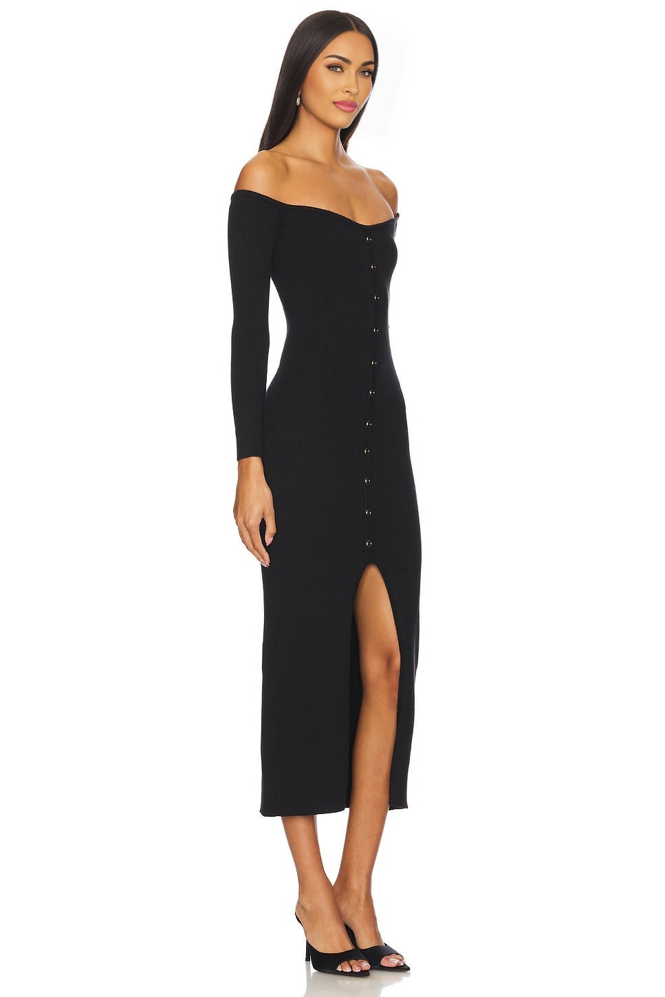 Mirella Midi Dress in Ribbed Knit Fabric with Front Button Detailing ...